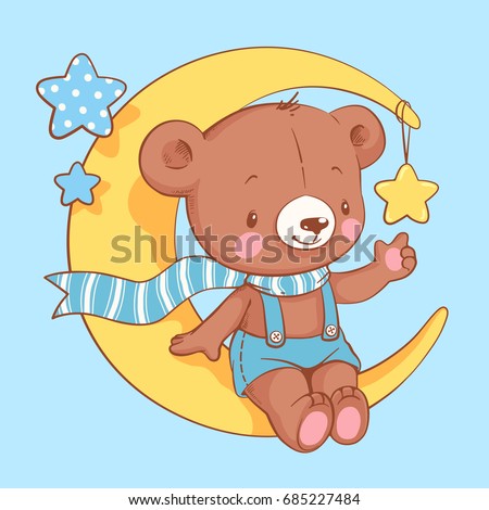 Vetor stock de Cute Bear Sitting On Moon Cartoon (livre de direitos ...