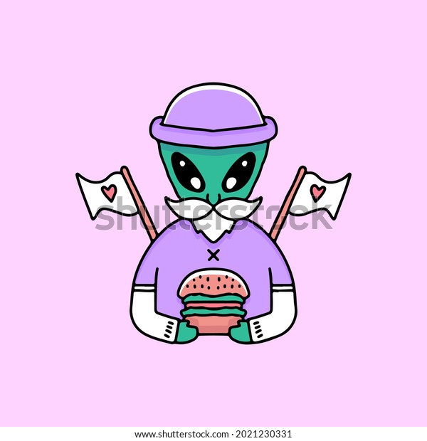 Cute Bearded Alien Cartoon Holding Burger Stock Vector (Royalty Free ...