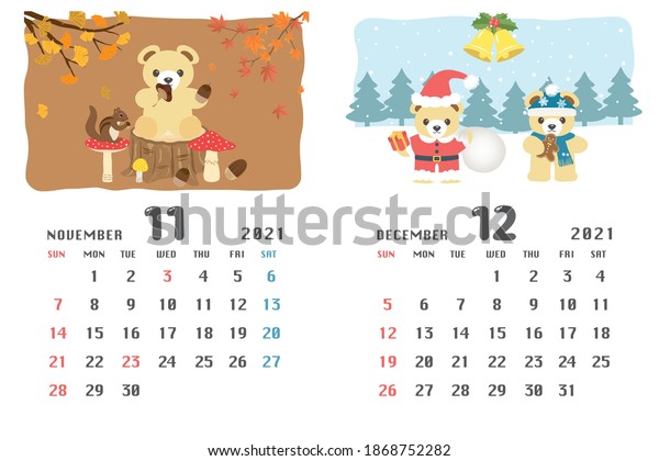 Cute Bears Calendar Template 2021 Year Stock Vector (Royalty Free ...