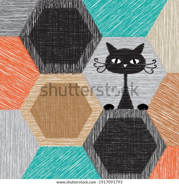Cute Black Cat On Hexagon Background Stock Vector (Royalty Free) 1917091793