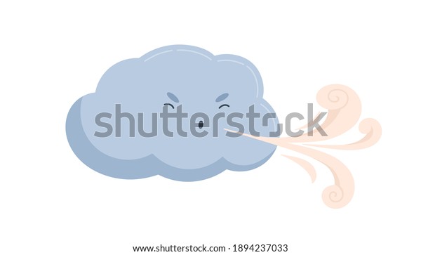Cute blue cloud with funny angry face with blowing wind. Windy weather ...