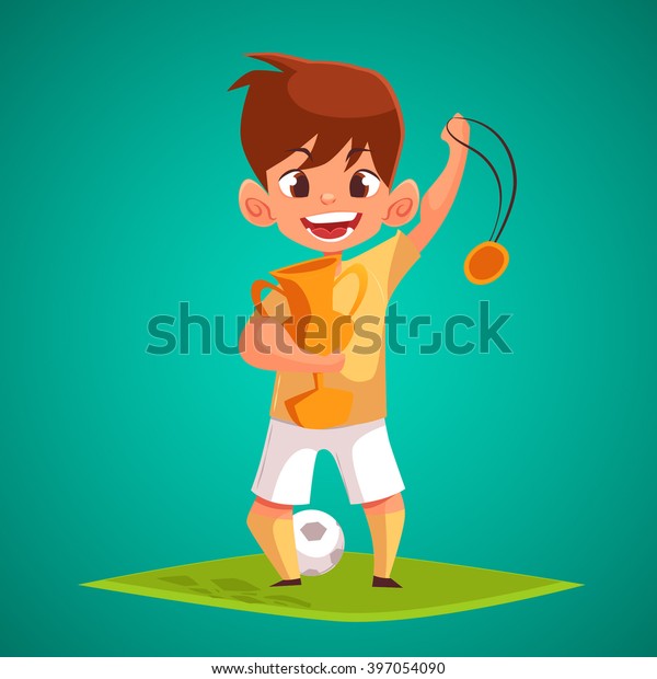 Cute Boy Winner Cup Cartoon Character Stock Vector (Royalty Free ...