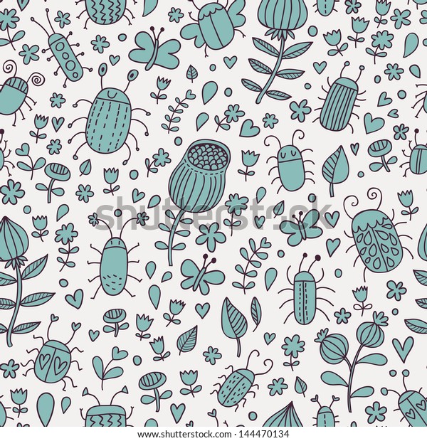 Cute Bugs Flowers Cartoon Seamless Pattern Stock Vector (Royalty Free ...