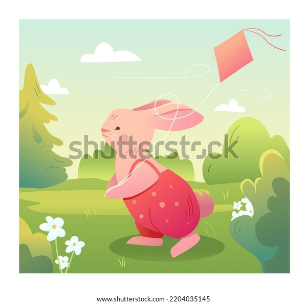 Cute Bunny Flying Kite Spring Character Stock Vector (Royalty Free ...