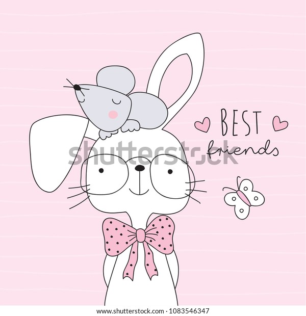 Cute Bunny Rabbit Mouse Best Friends Stock Vector (Royalty Free) 1083546347