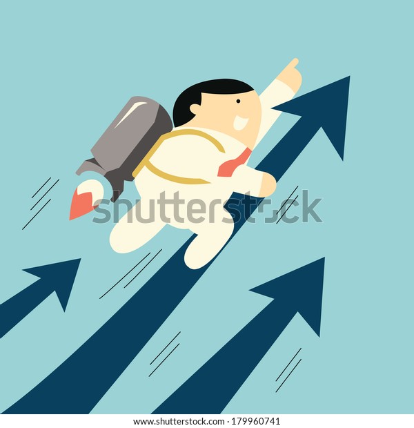 Cute Businessman Flying Rocket Moving Fast Stock Vector (Royalty Free ...