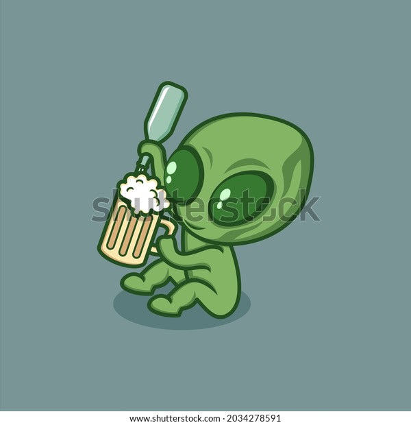 Cute Cartoon Alien Pouring Beer Into Stock Vector (Royalty Free ...
