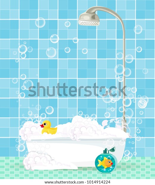 Baño de caricatura, interior con bañera llena de espuma, burbujas de ...