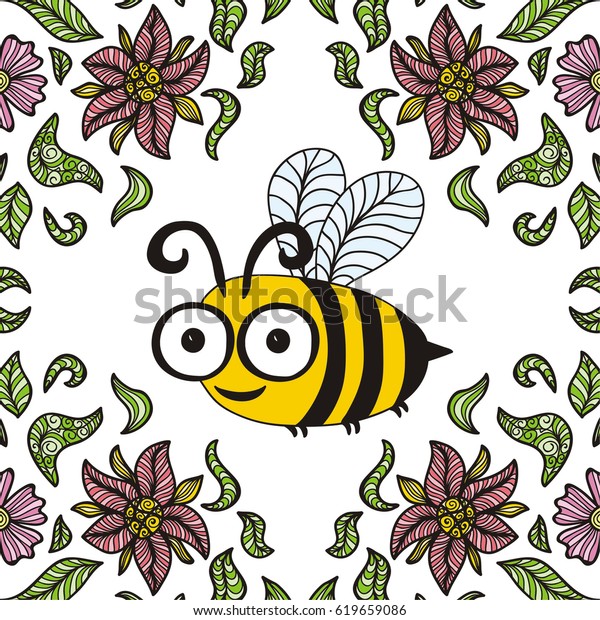 Cute Cartoon Bee Floral Frame Vector Stock Vector (Royalty Free ...