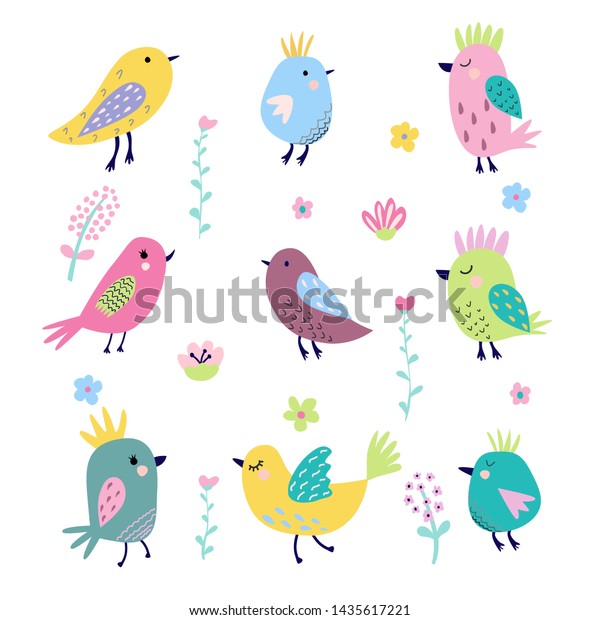 Cute Cartoon Birds Flowers Vector Stylish Stock Vector (Royalty Free ...