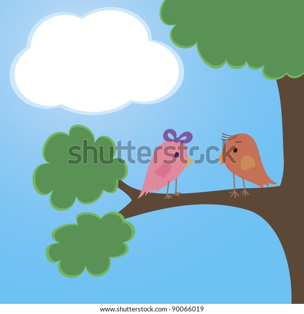 Cute Cartoon Birds On Tree Stock Vector (Royalty Free) 90066019