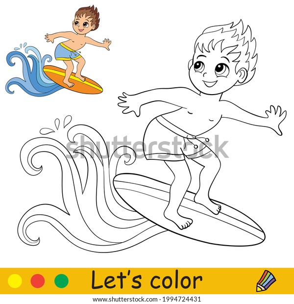 Cute Cartoon Boy Catches Wave On Stock Vector (Royalty Free) 1994724431 ...