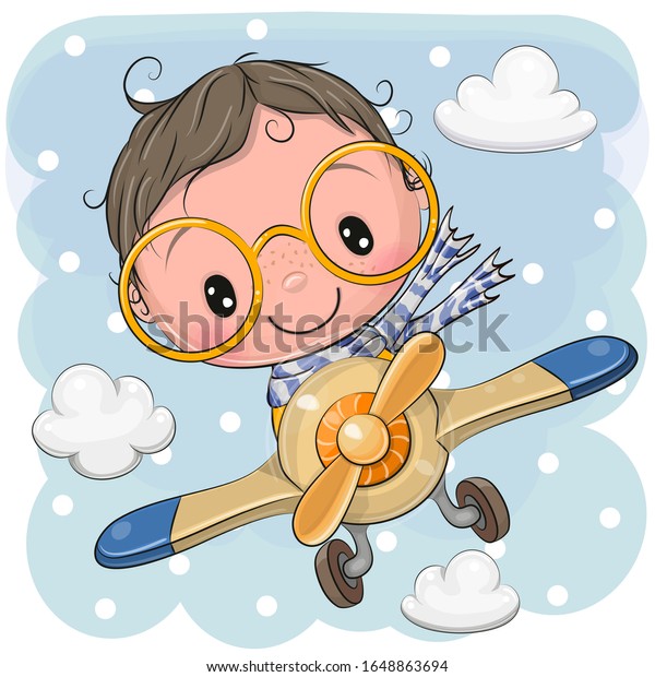 Стоковая векторная графика «Cute Cartoon Boy Flying On Plane» (без ...