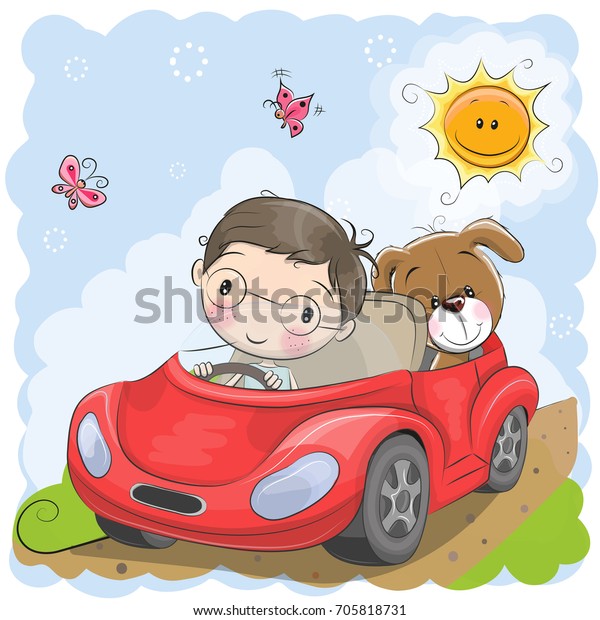 Cute Cartoon Boy Goes On Car: vector de stock (libre de regalías ...
