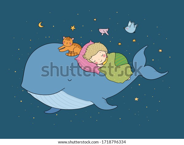 Cute cartoon boy and whale. Good night. time to sleep.