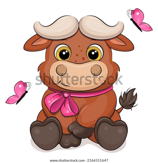 Cute Cartoon Buffalo Pink Bow Butterflies Stock Vector (Royalty Free ...