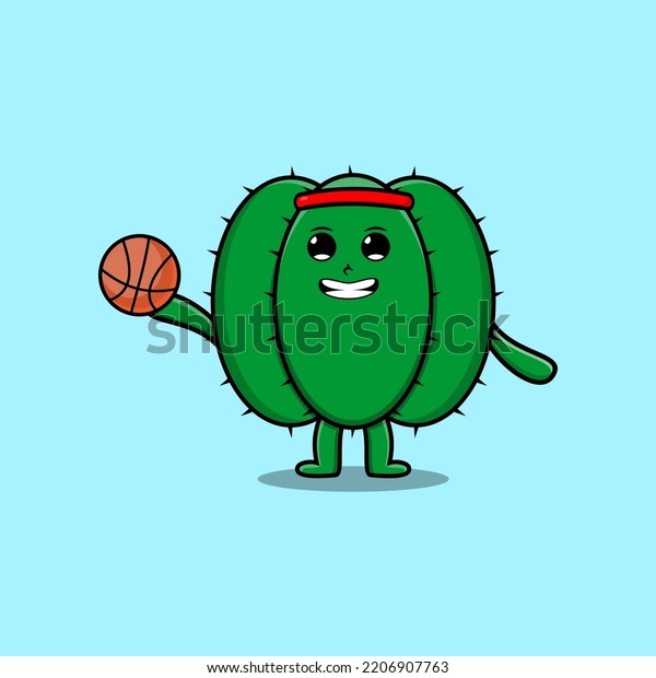 Cute Cartoon Cactus Character Playing Basketball Stock Vector (Royalty ...