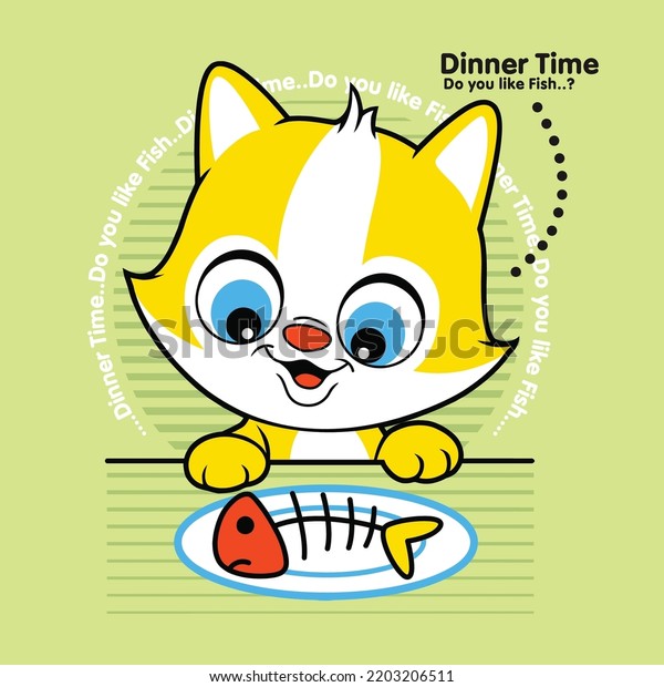 Cute Cartoon Cat Dinner Fish Bone Stock Vector (Royalty Free ...