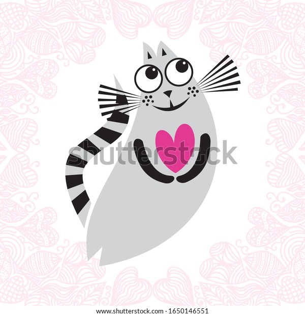 Cute Cartoon Cat Heart Vector Illustration Stock Vector (Royalty Free ...
