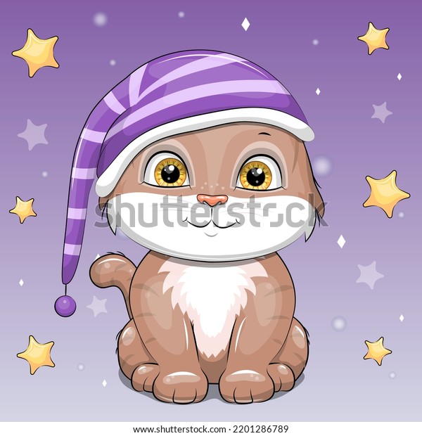 Cute Cartoon Cat Nightcap Night Vector Stock Vector (Royalty Free ...