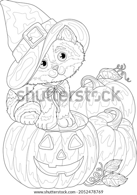 Cute Cartoon Cat Witch Hat Sitting Stock Vector (Royalty Free ...