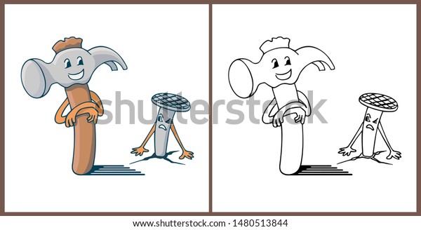 Cute Cartoon Characters Hammer Nail Coloring Stock Vector (Royalty Free ...