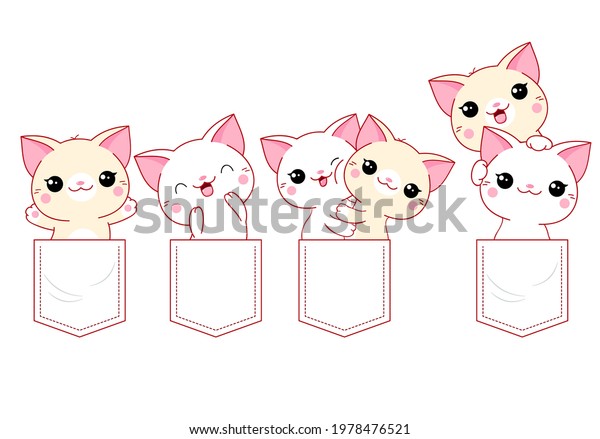 Cute cartoon characters pocket set. Baby collection of kawaii cats in ...
