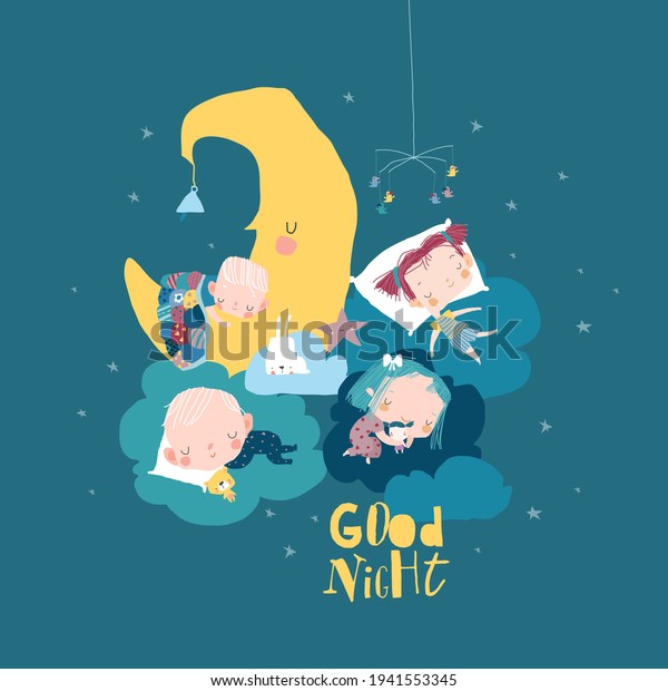 Cute Cartoon Children Sleeping On Clouds Stock Vector (Royalty Free ...