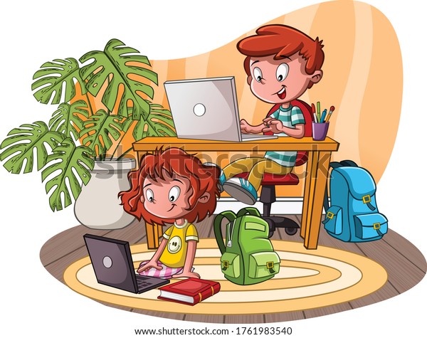 Niños de dibujos animados que estudian con computadoras. Estudiantes ...