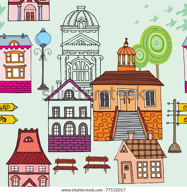 Cute Cartoon City Seamless Pattern Stock Vector (Royalty Free) 77132017 ...