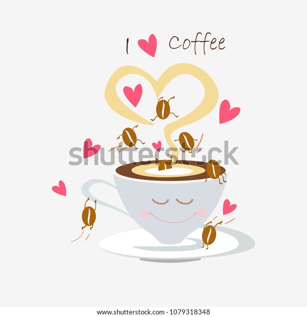 cute cartoon coffee beans have fun in hot coffee cup