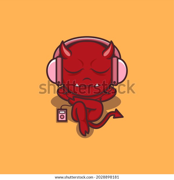 Cute Cartoon Devil Listening Music Headphones Stock Vector (Royalty ...