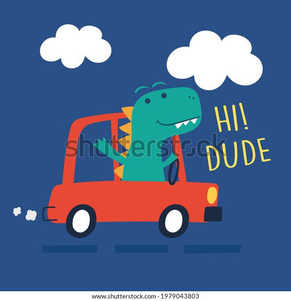 Cute Cartoon Dinosaur Driving Red Car Stock Vector (Royalty Free ...