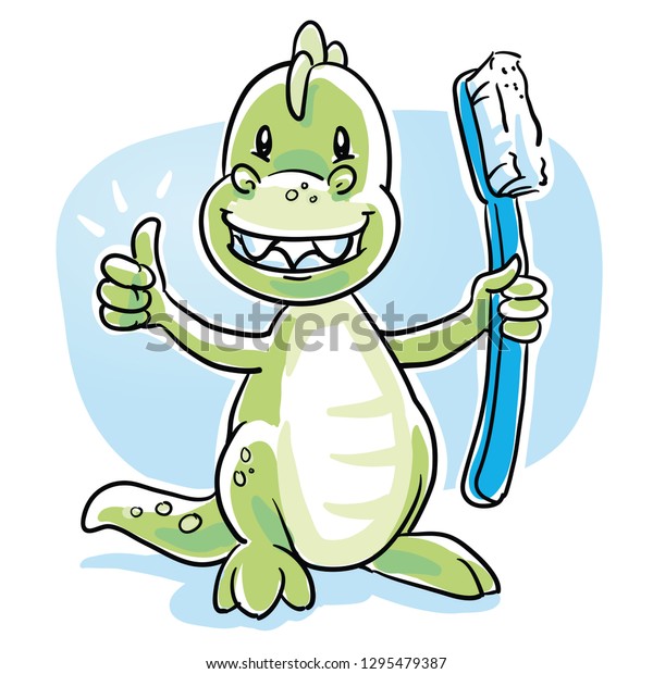 Cute Cartoon Dinosaur Shiny Teeth Holding Stock Vector (Royalty Free ...