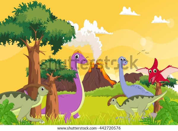 Cute Cartoon Dinosaur Volcano Background 스톡 벡터(로열티 프리) 442720576