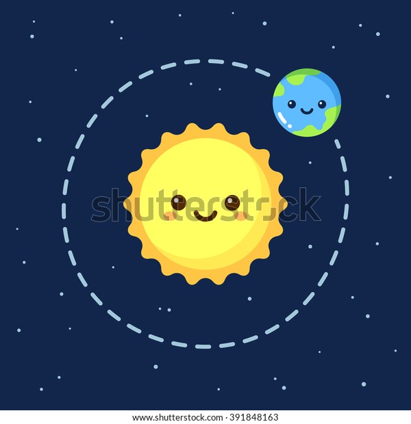 Cute cartoon Earth orbiting around Sun. Modern flat space illustration.
