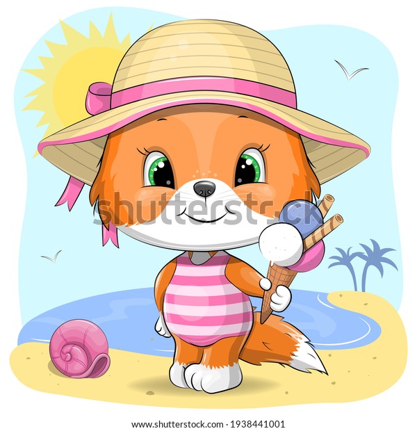 Cute Cartoon Fox Bathing Suit Summer Stok Vektör (Telifsiz) 1938441001