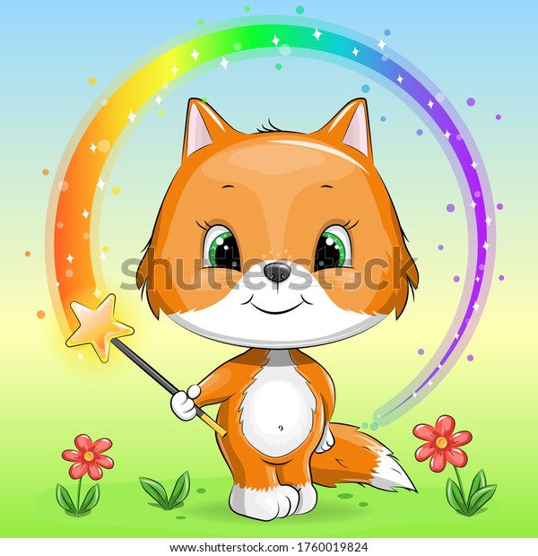 Cute Cartoon Fox Magic Wand Vector Stock Vector (Royalty Free ...