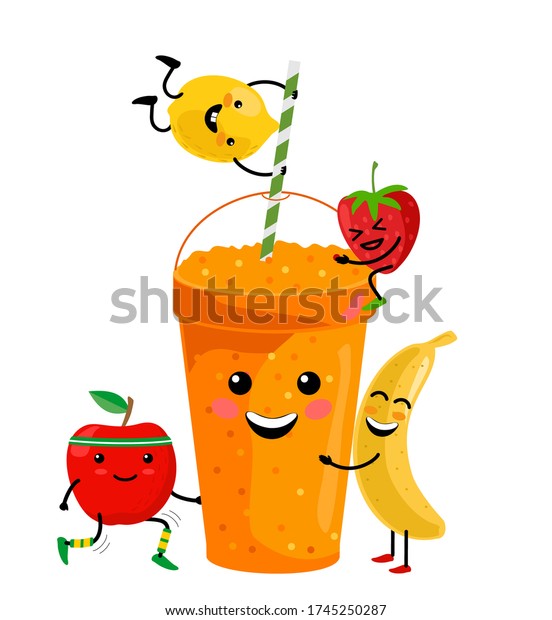 Cute Cartoon Fruit Smoothies Cups Fresh Stock Vector (Royalty Free ...