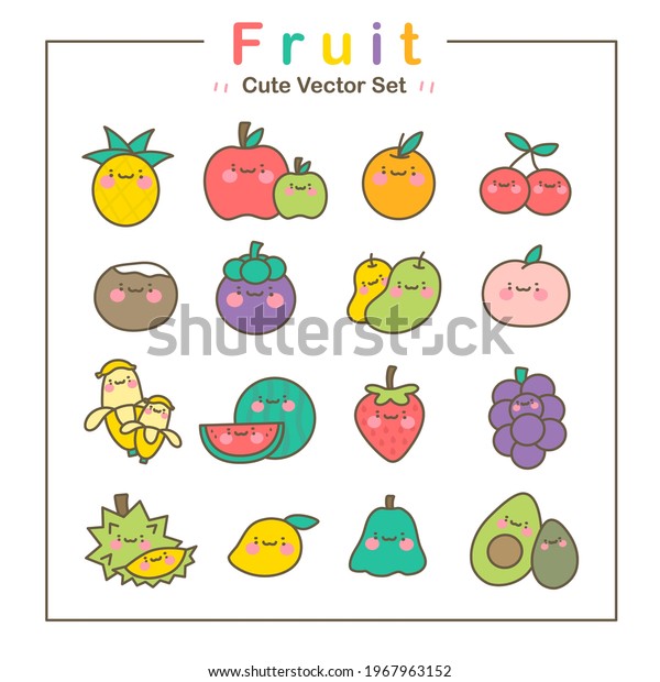 Cute Cartoon fruit Vector collection pineapple,apple,orange,cherry ...