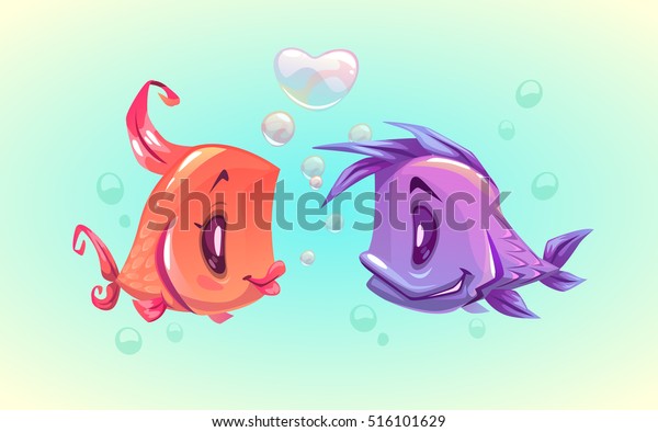 Cute Cartoon Funny Fish Characters Couple: vector de stock (libre de ...