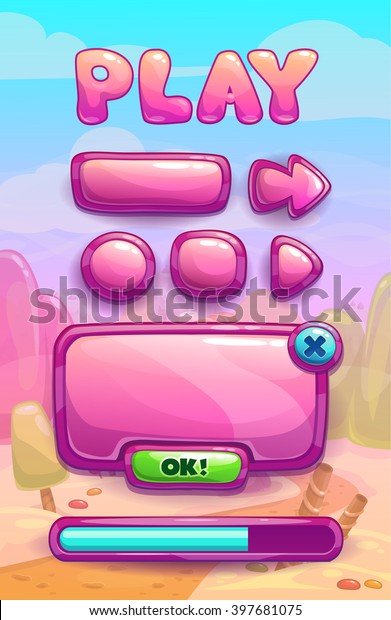 Cute cartoon game assets set, orange glossy buttons, panel and progress ...