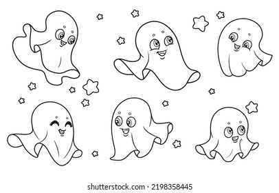 Cute Cartoon Ghosts Outlined Coloring Page Stock Vector (Royalty Free ...