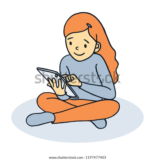 Cute Cartoon Girl Using Tablet Computer Stock Vector (Royalty Free ...