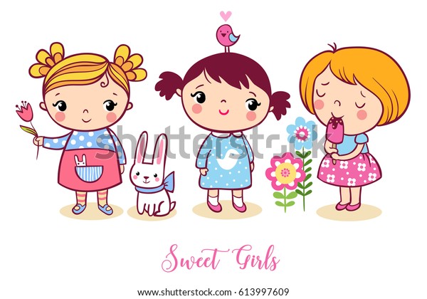 Cute Cartoon Girls Set Vector Illustration Stock Vector (Royalty Free ...