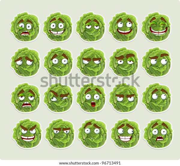 Cute Cartoon Green Cabbage Smile Many Stock Vector (Royalty Free) 96713491