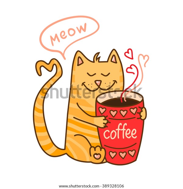 Cute cartoon hand drawn cat with cup of coffee. Adorable vector clip ...