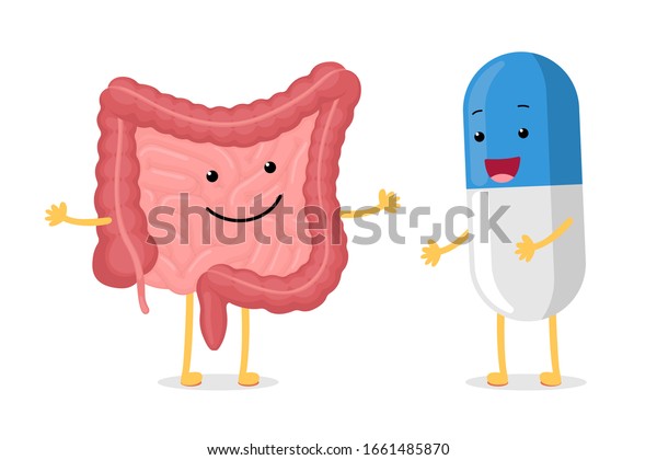 Cute Cartoon Healthy Intestine Smiley Medicament Stock Vector Royalty