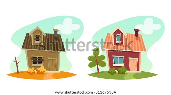 Cute Cartoon House Broken Repaired Vector Stock Vector (Royalty Free ...