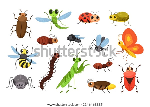 Cute Cartoon Insects Happy Bugs Smiling 库存矢量图（免版税）2146468885 | Shutterstock